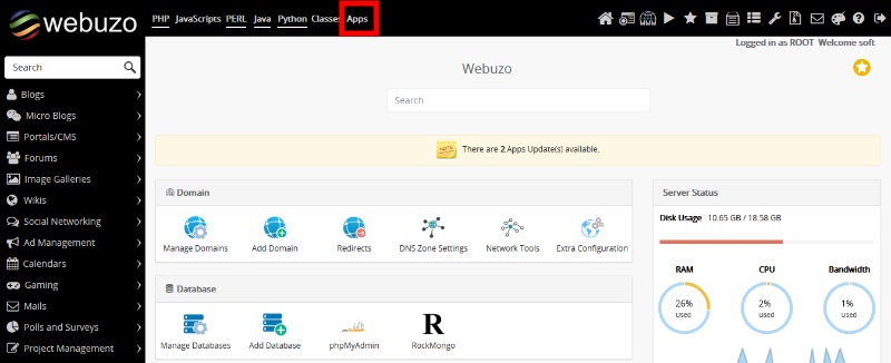 Install System Apps – Webuzo