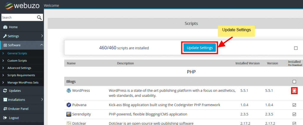 Enable/Disable Scripts – Webuzo
