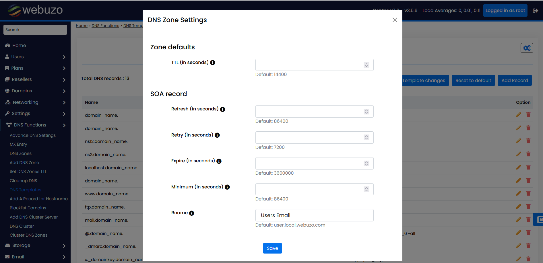 DNS SOA Settings – Webuzo