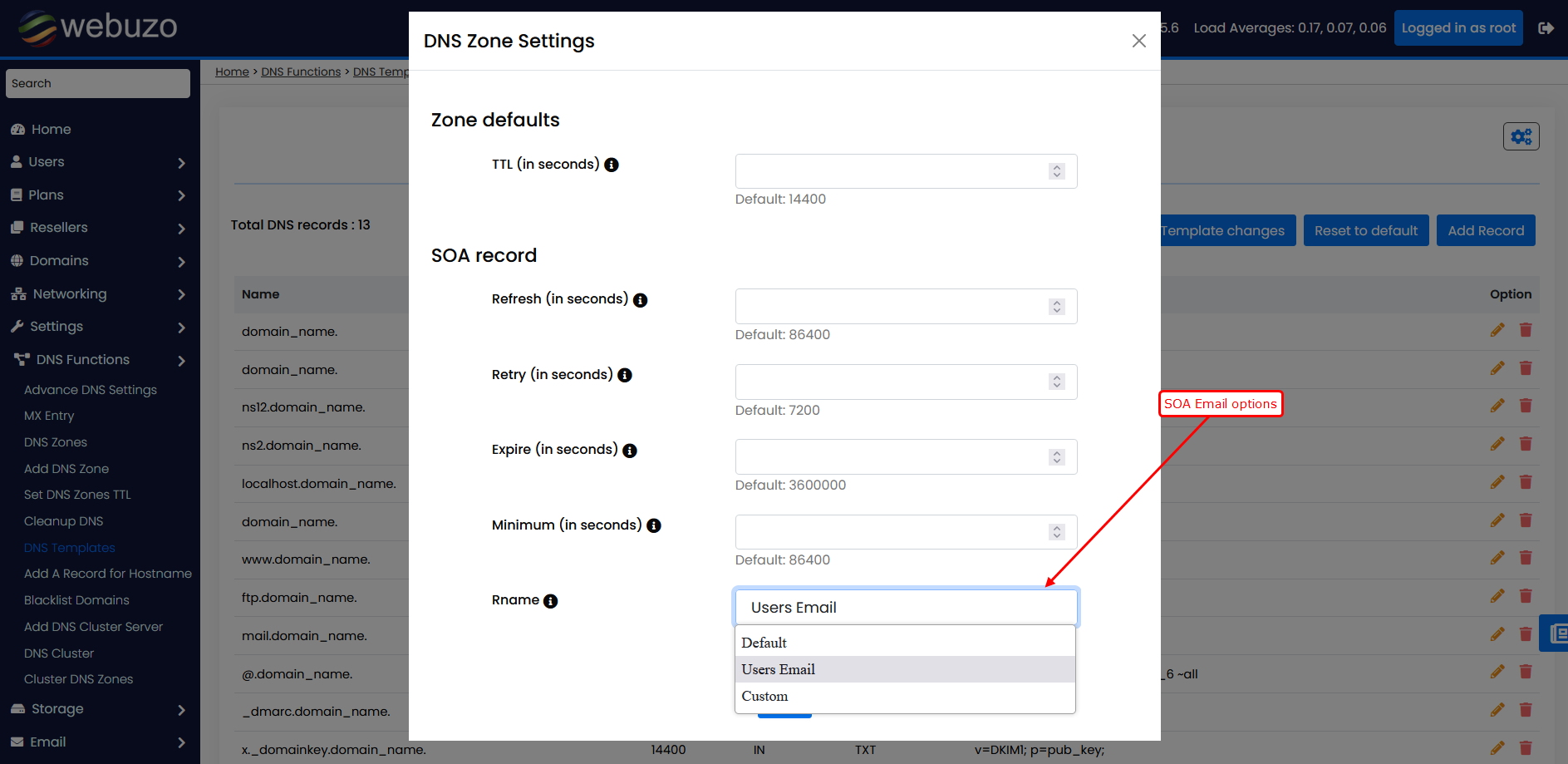 DNS SOA Settings – Webuzo