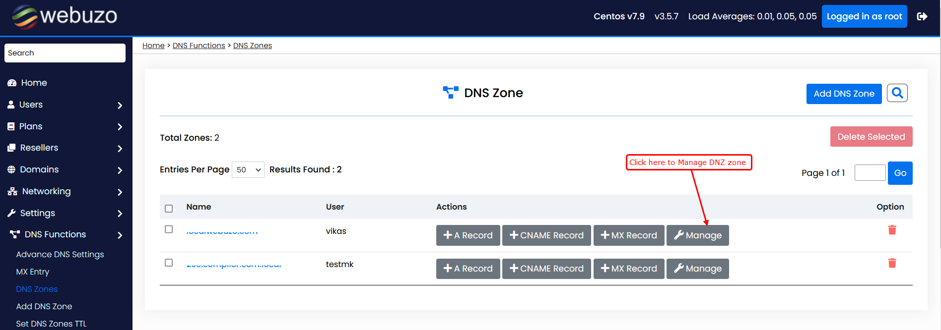 DNS Zones – Webuzo