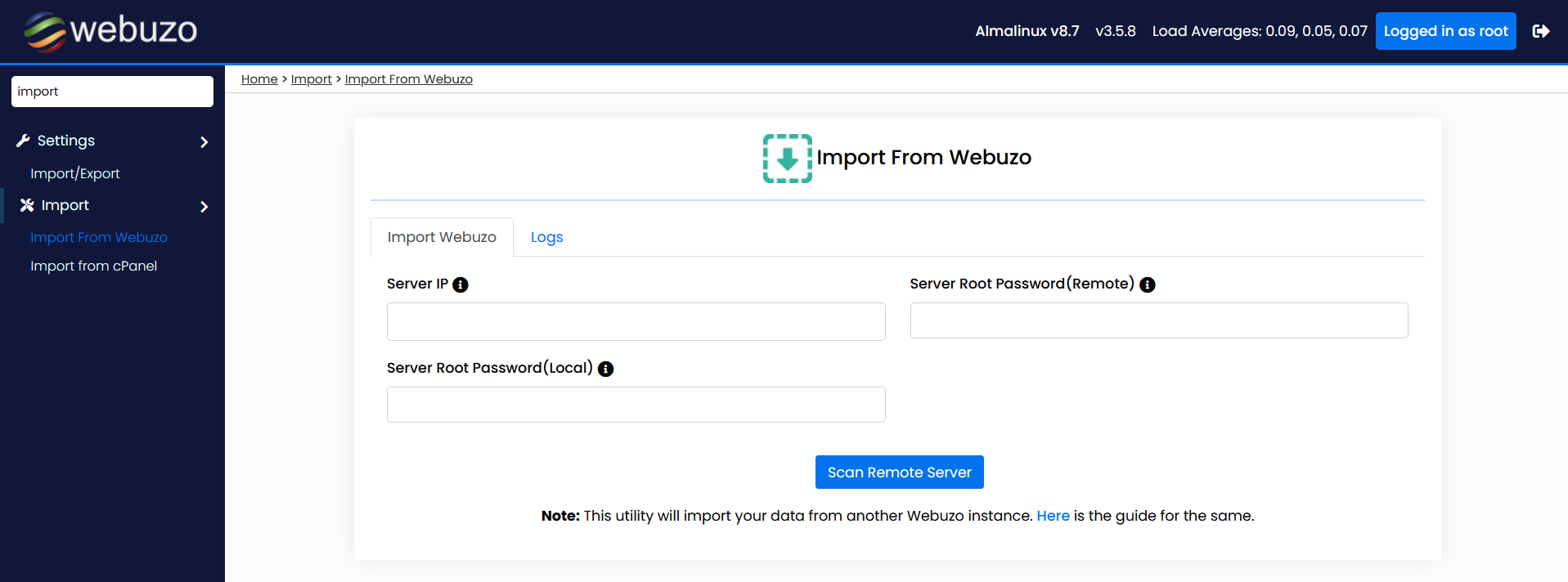 Import from Webuzo – Webuzo