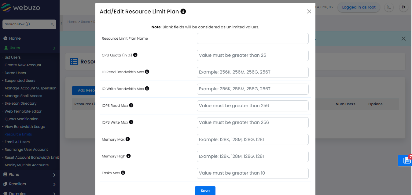 Create Resource Plan In cGroups – Webuzo